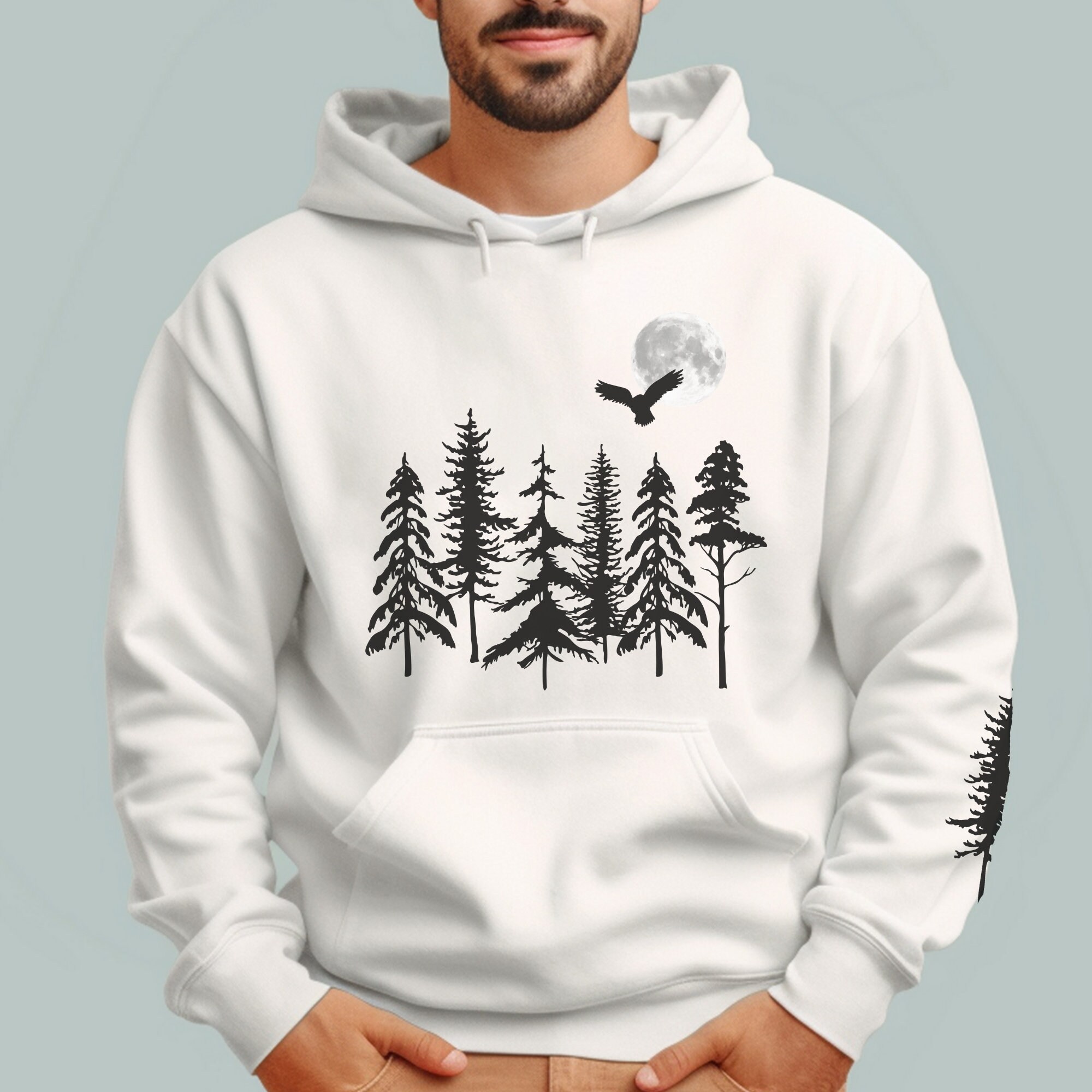 Forest Owl Moon Hoodie, Evergreen Trees Sweater, Pine Tree Nature ...