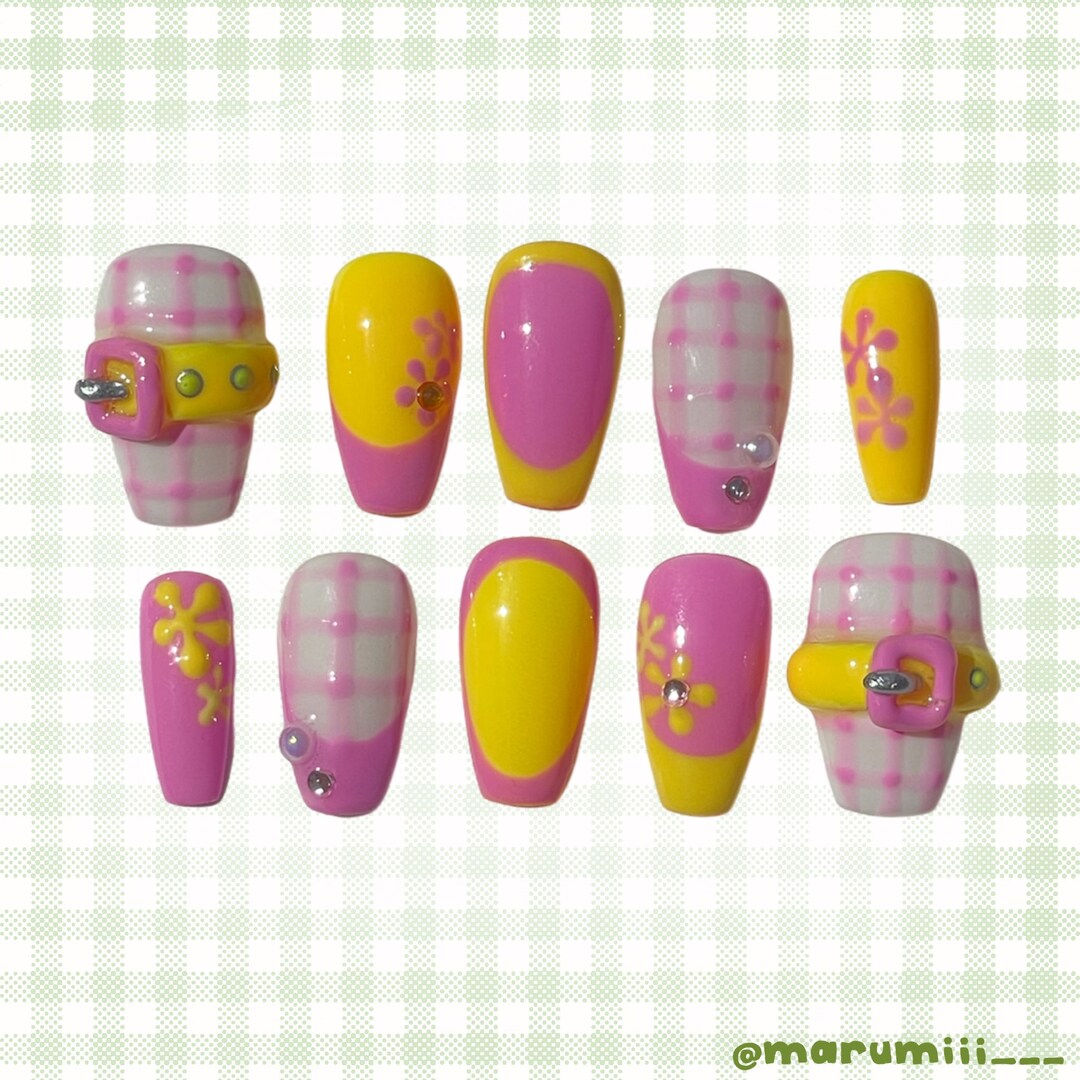 Strawberry Lemonade- Gingham Check, 3D Belt, Pastel Pink, Yellow, Y2K ...