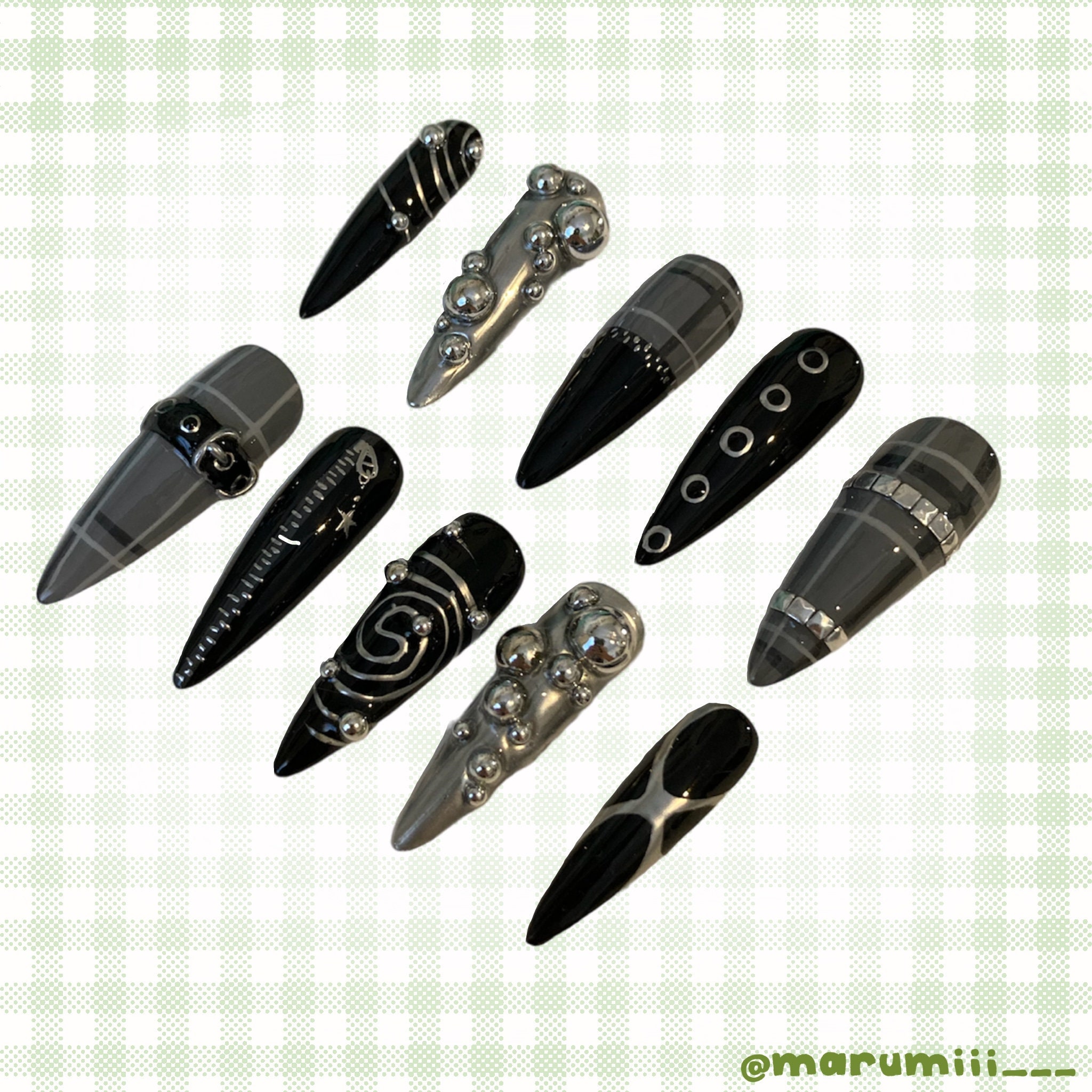 Punk Freestyle- Black and Gray Plaid Stiletto Nails With Chrome 3D ...