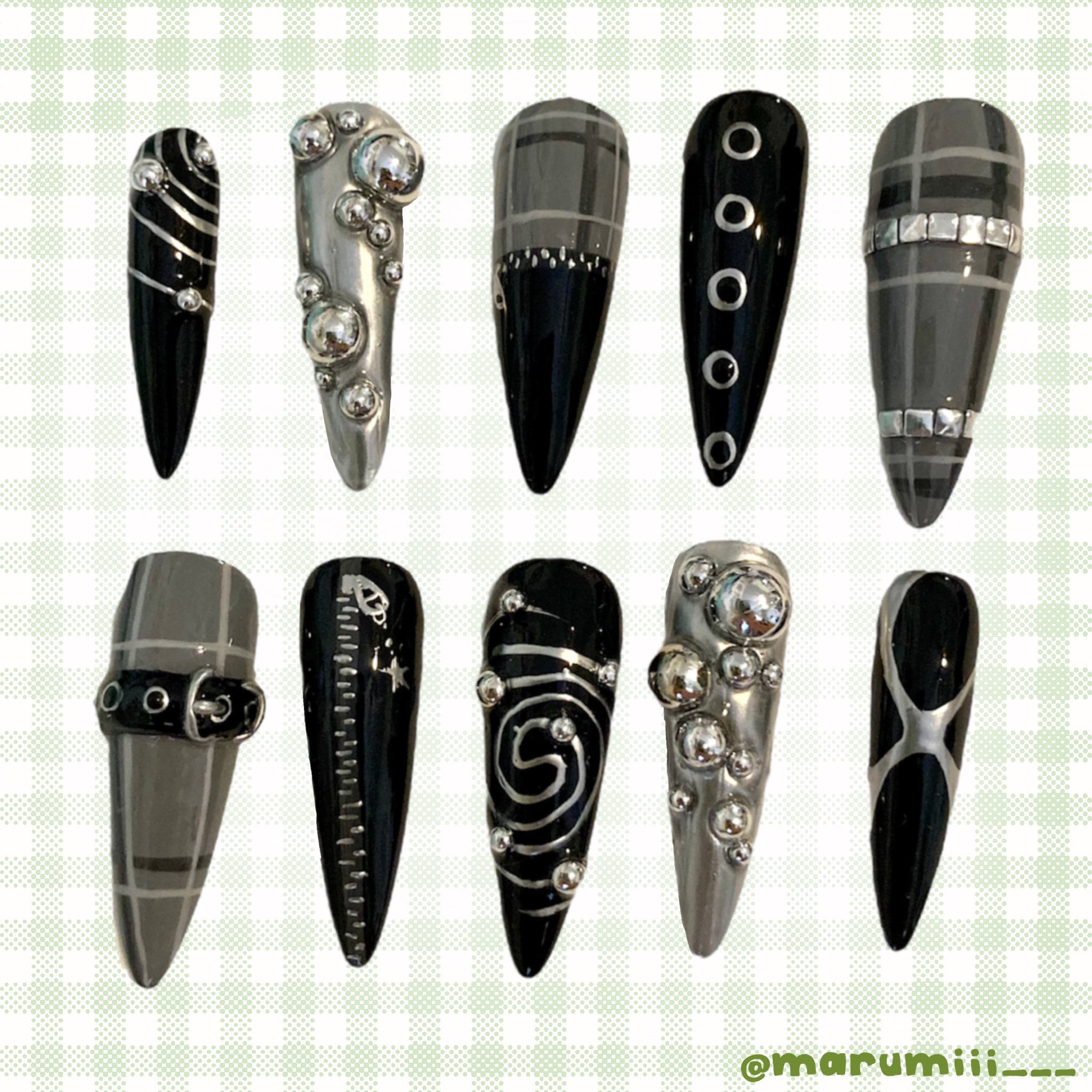 Punk Freestyle- Black and Gray Plaid Stiletto Nails With Chrome 3D ...