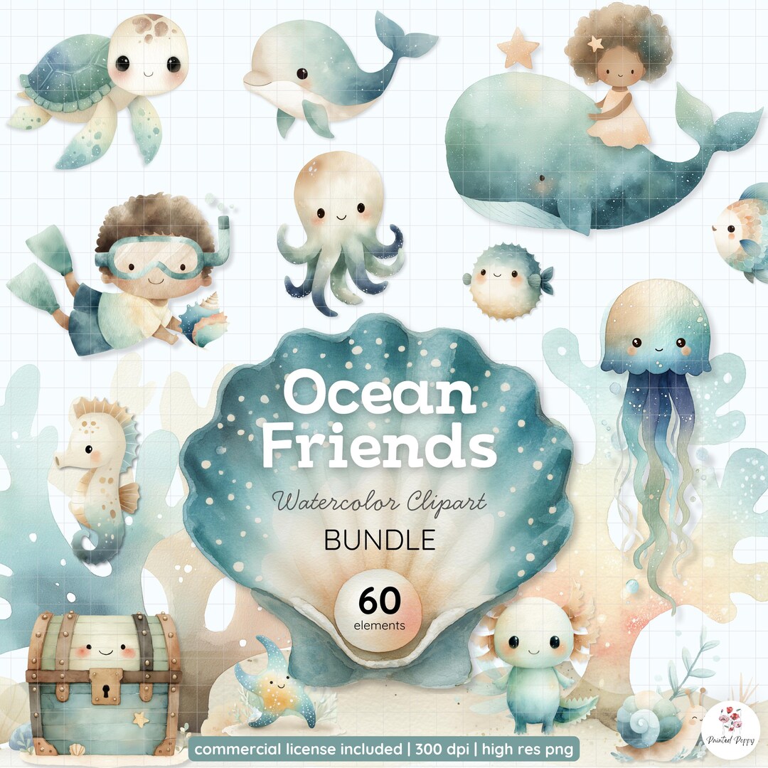 Ocean Friends Clipart Bundle | Kawaii Undersea PNG Design - Etsy