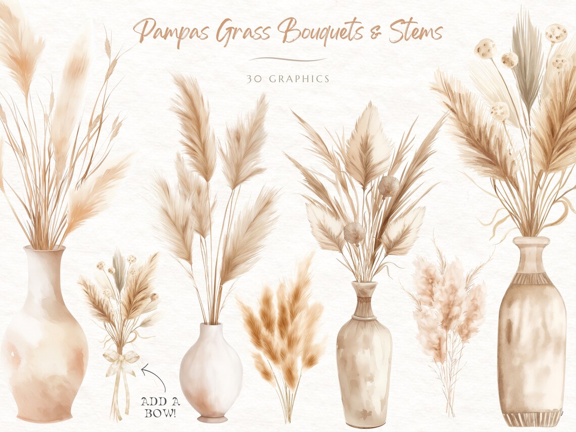 Pampas Grass Bouquets Clipart Boho Beige Clipart Bohemian Clipart ...