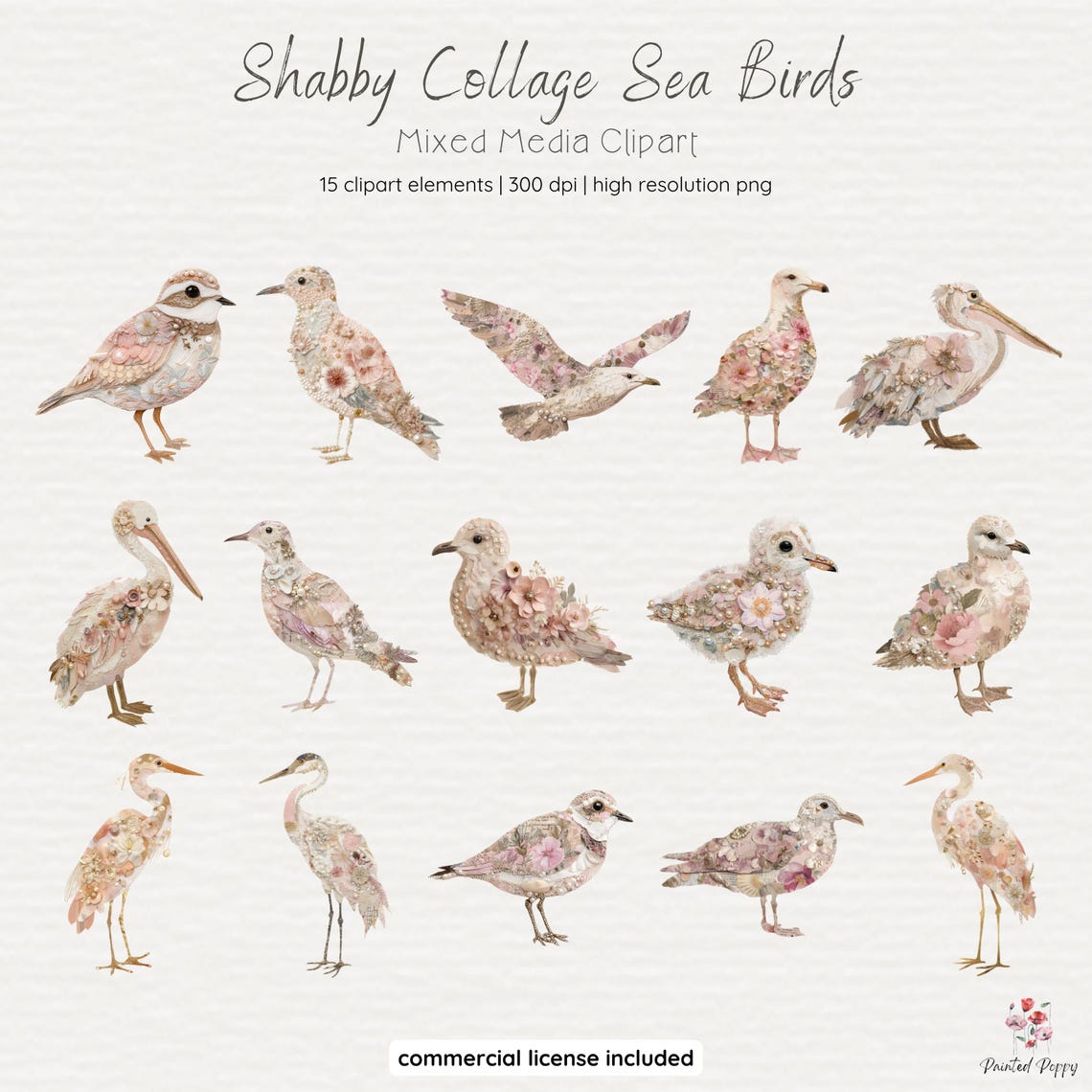 Shabby Chic Sea Birds Clipart | Vintage Floral Collage (PNG & PDF) - Etsy