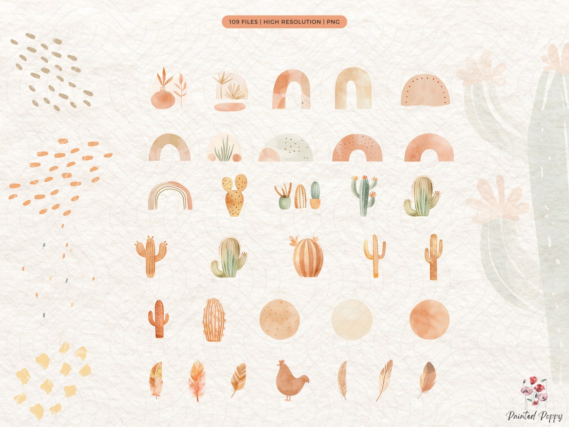 Terracotta Doodles Boho Clipart Doodle Clipart Boho Watercolor Clipart ...