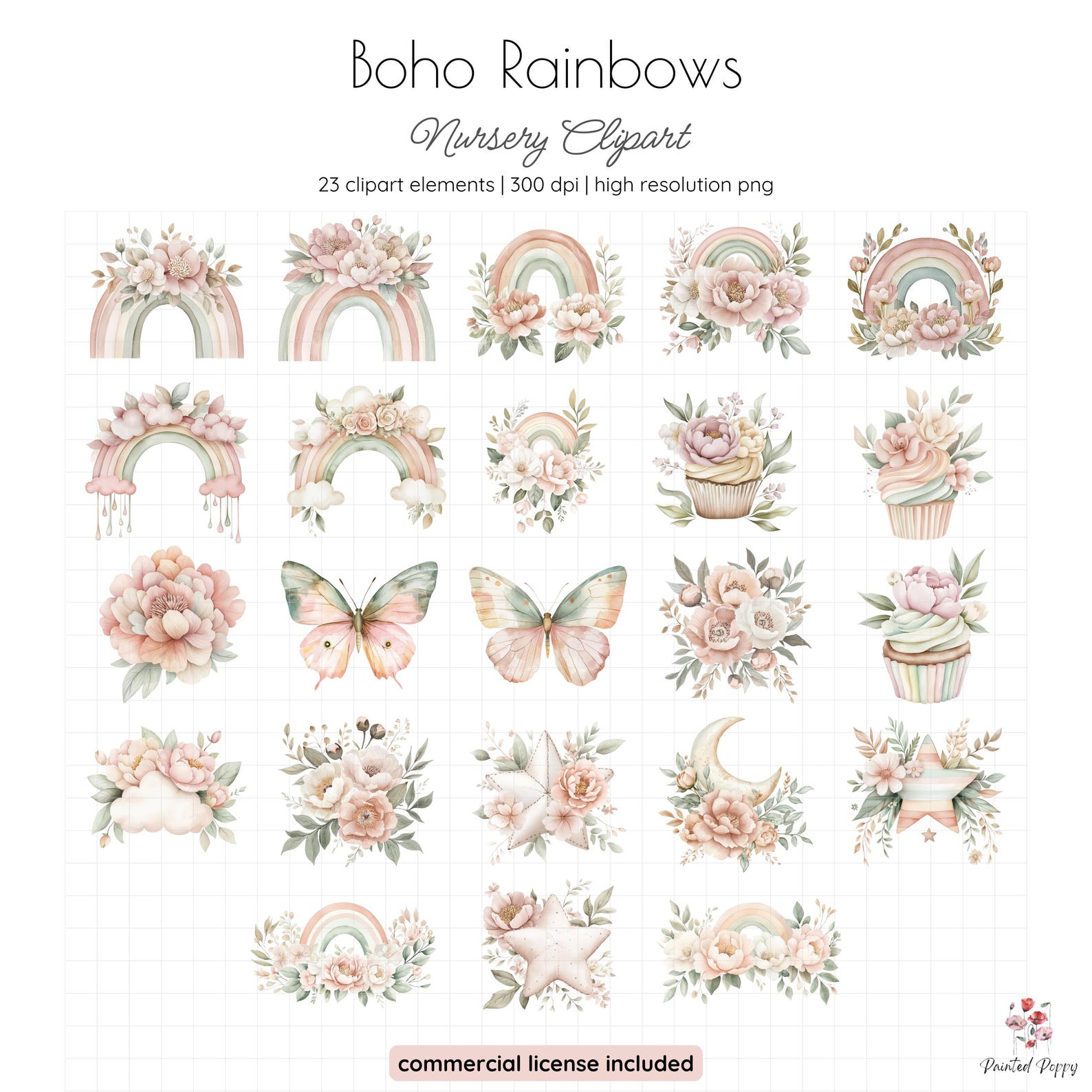 Boho Rainbow Nursery Clipart | Boho Floral Clipart | Watercolor Nursery ...
