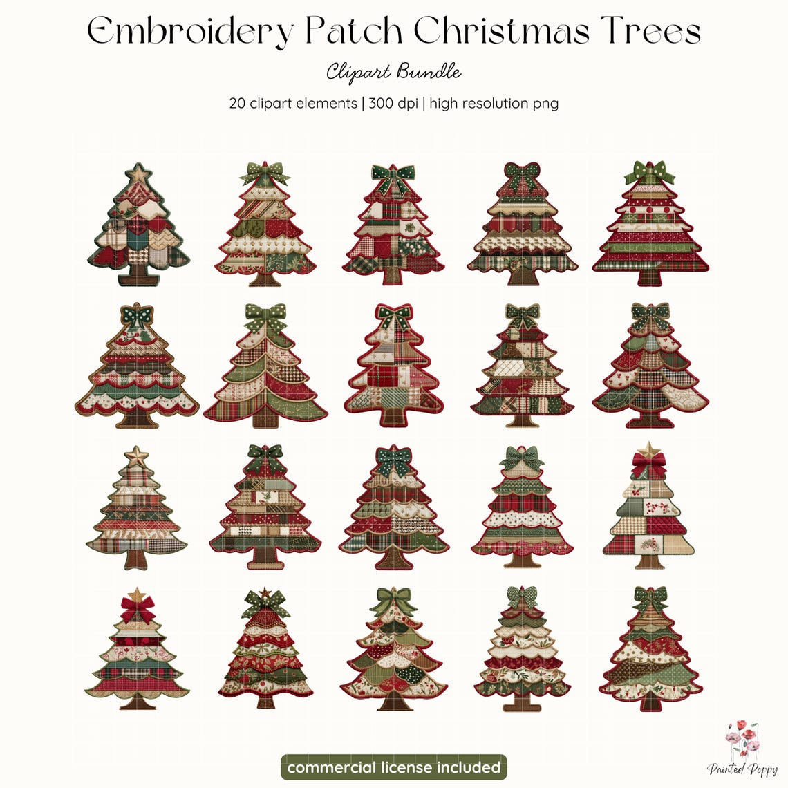 Vintage Christmas Tree Embroidery Patch Clipart | 20 PNG Graphics ...