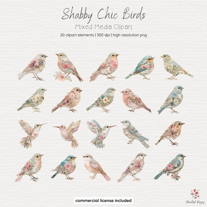 Shabby Chic Birds Clipart | Mixed Media Collage Art | Bird Collage Art ...