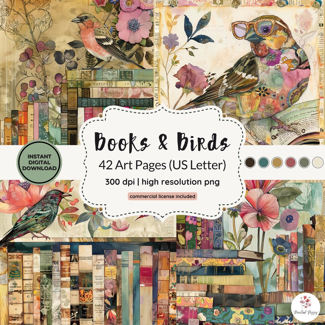 Books and Birds Art Pages | Vintage Bookstore Collage (digital Download ...