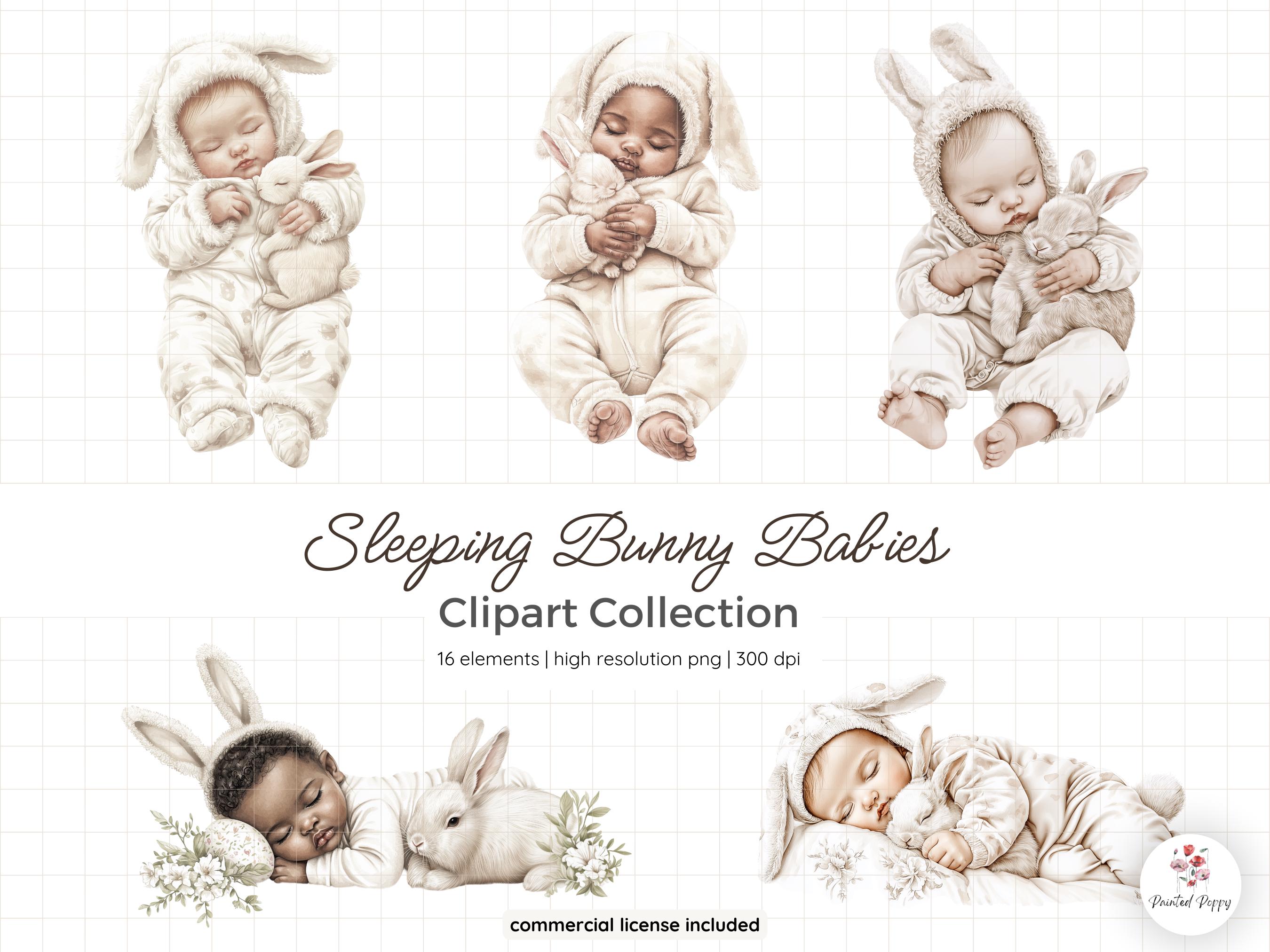 Sleeping Bunny Baby Clipart | Neutral Watercolor PNG Bundle (digital ...