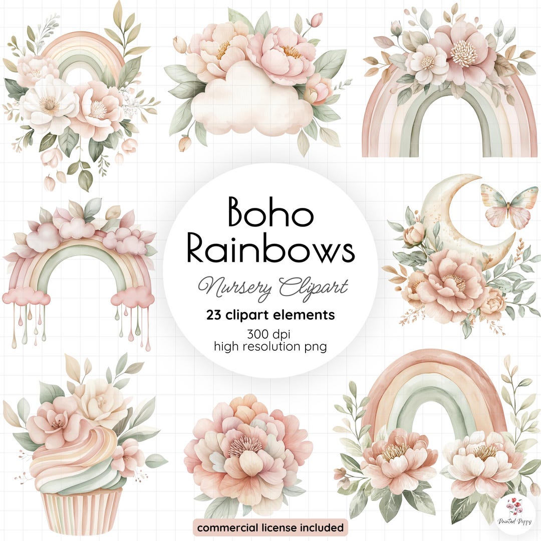 Boho Rainbow Floral Clipart Set | Watercolor Nursery Art (digital ...