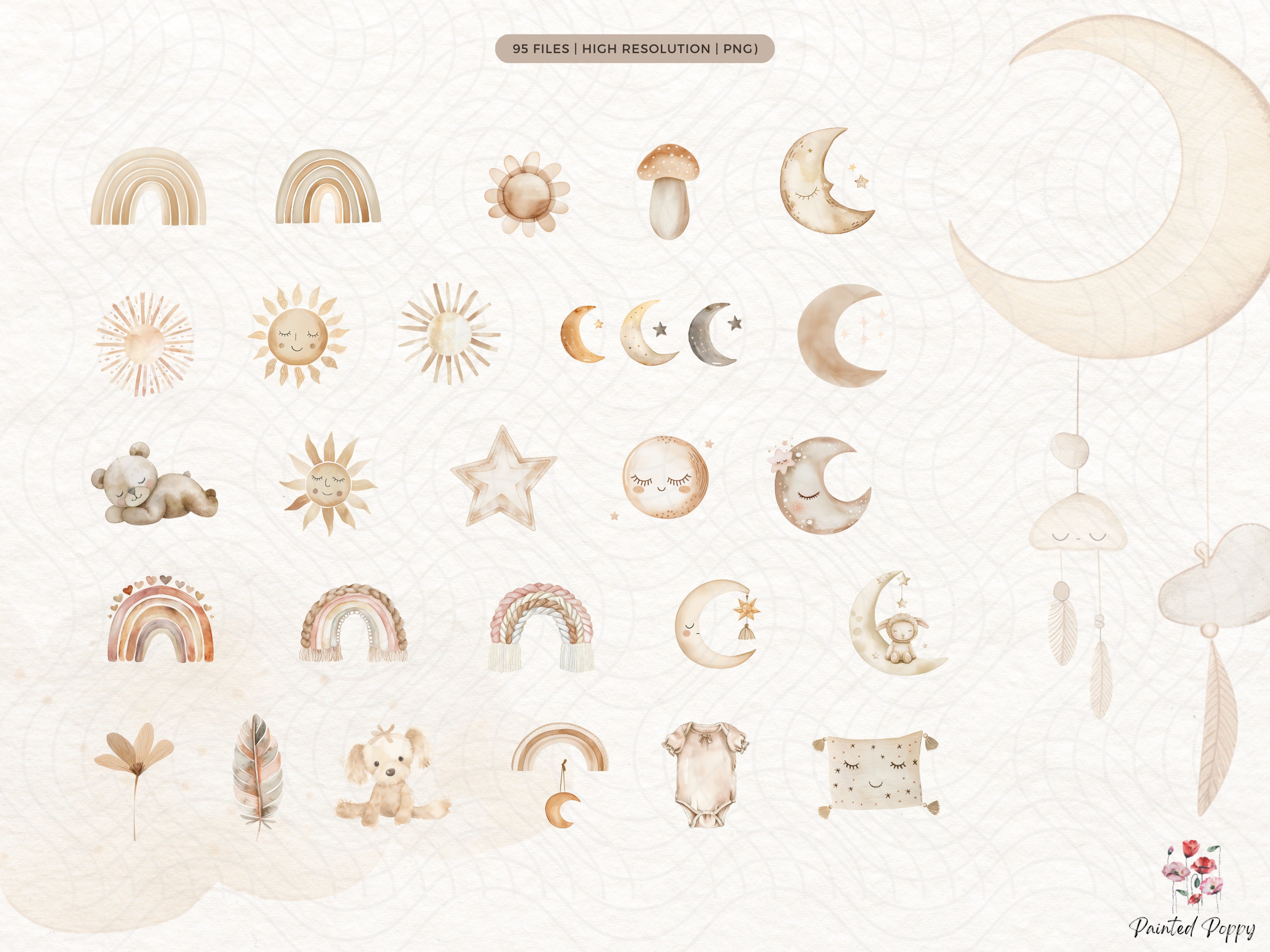 Dreamy Boho Baby Clipart | Neutral Nursery Clipart | Watercolor Clipart ...