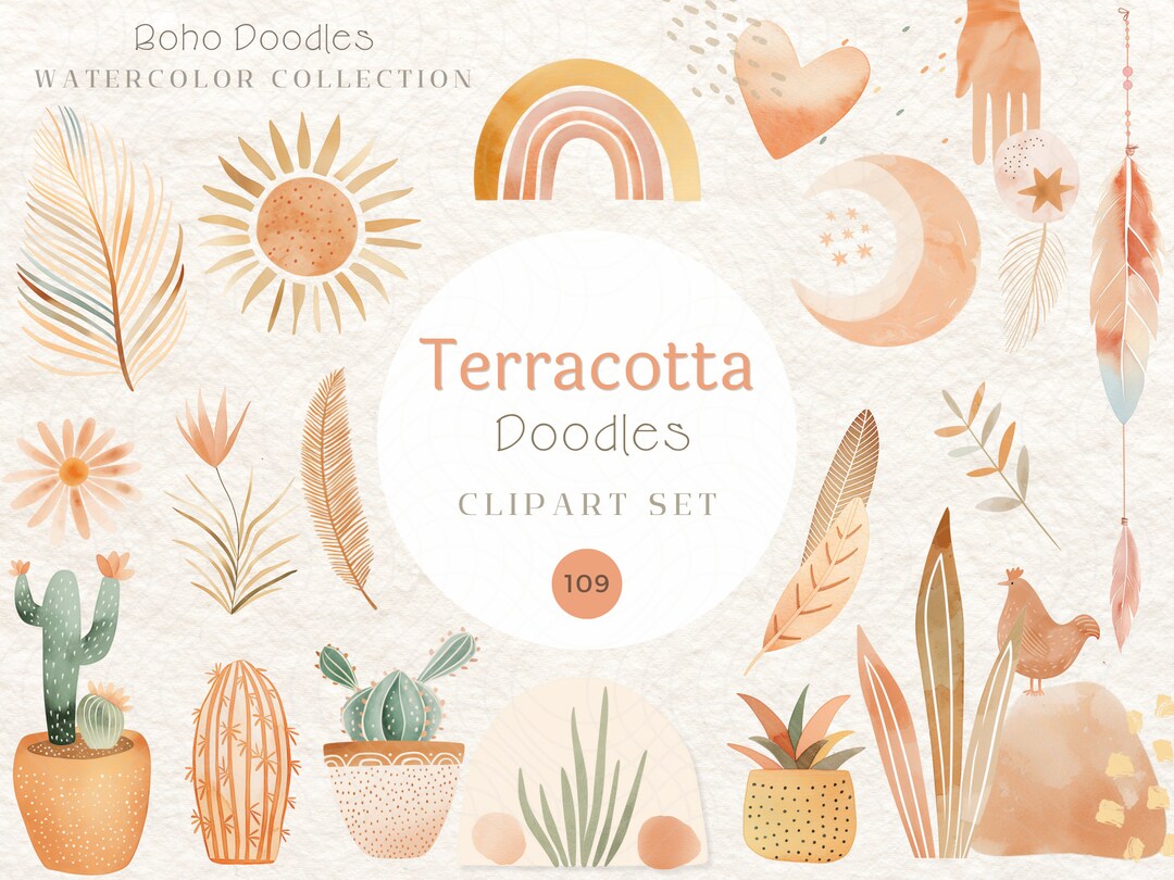 Terracotta Doodles Boho Clipart | Doodle Clipart | Boho | Watercolor ...