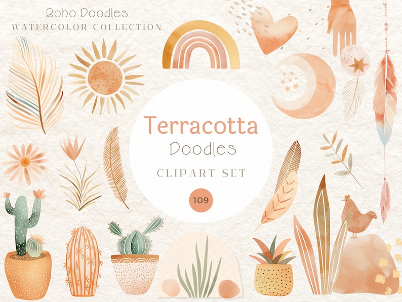 Terracotta Doodles Boho Clipart | Doodle Clipart | Boho | Watercolor ...