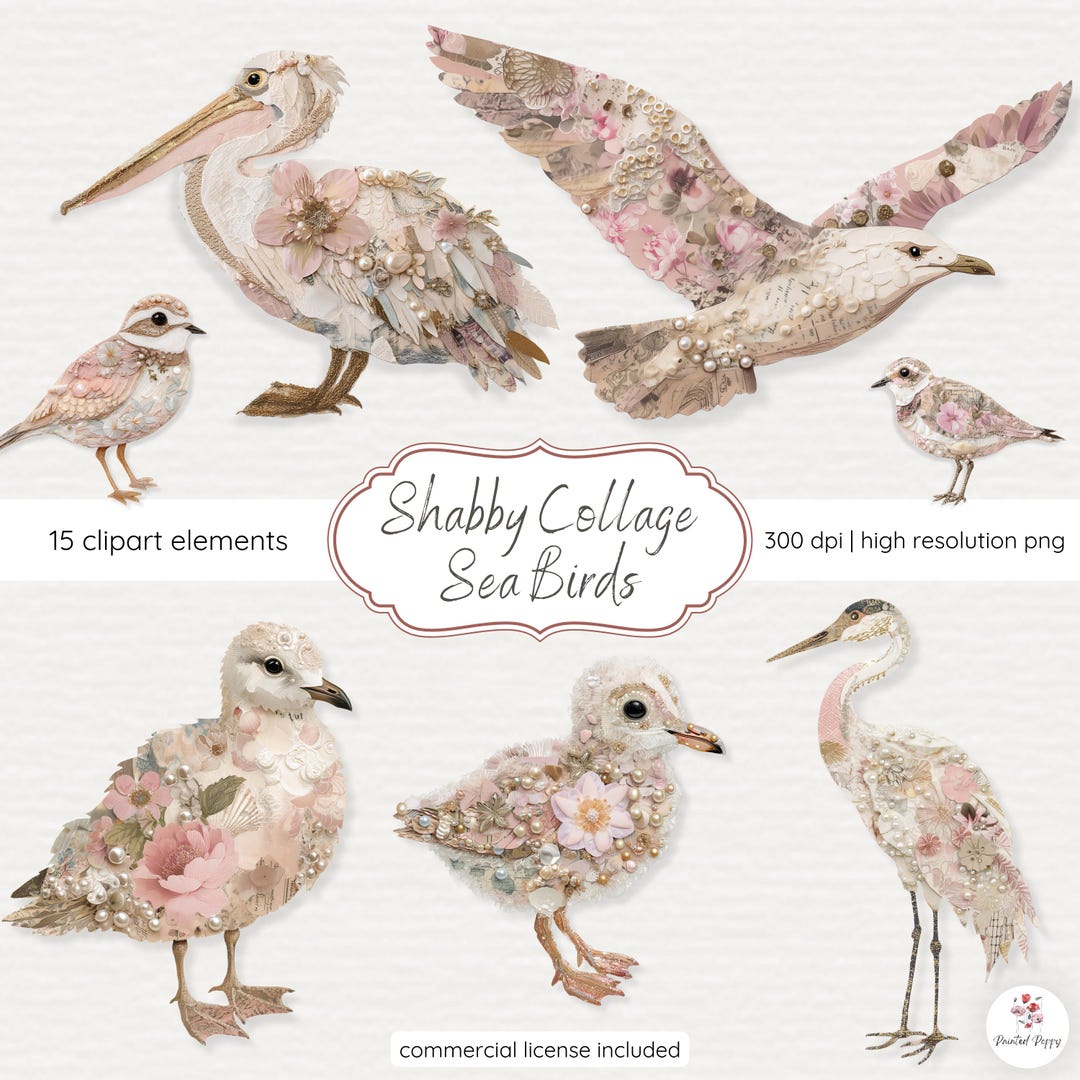 Shabby Chic Sea Birds Clipart | Vintage Floral Collage (PNG & PDF) - Etsy