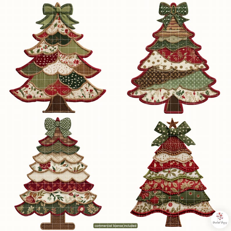 Vintage Christmas Tree Embroidery Patch Clipart | 20 PNG Graphics ...