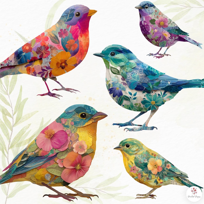 Bright Birds Clipart | Mixed Media Collage Art | Bird Collage Art ...