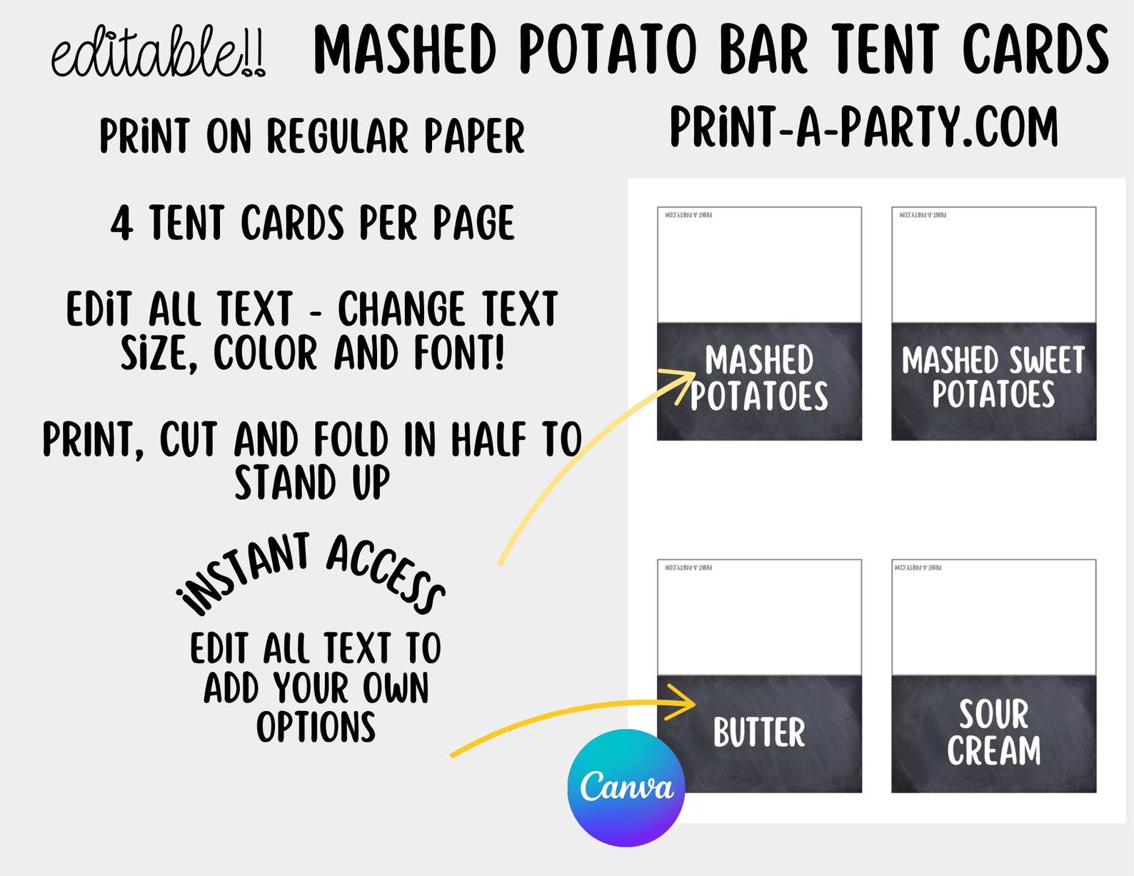 Editable Mashed Potato Bar Sign & Toppings Labels Template (canva ...