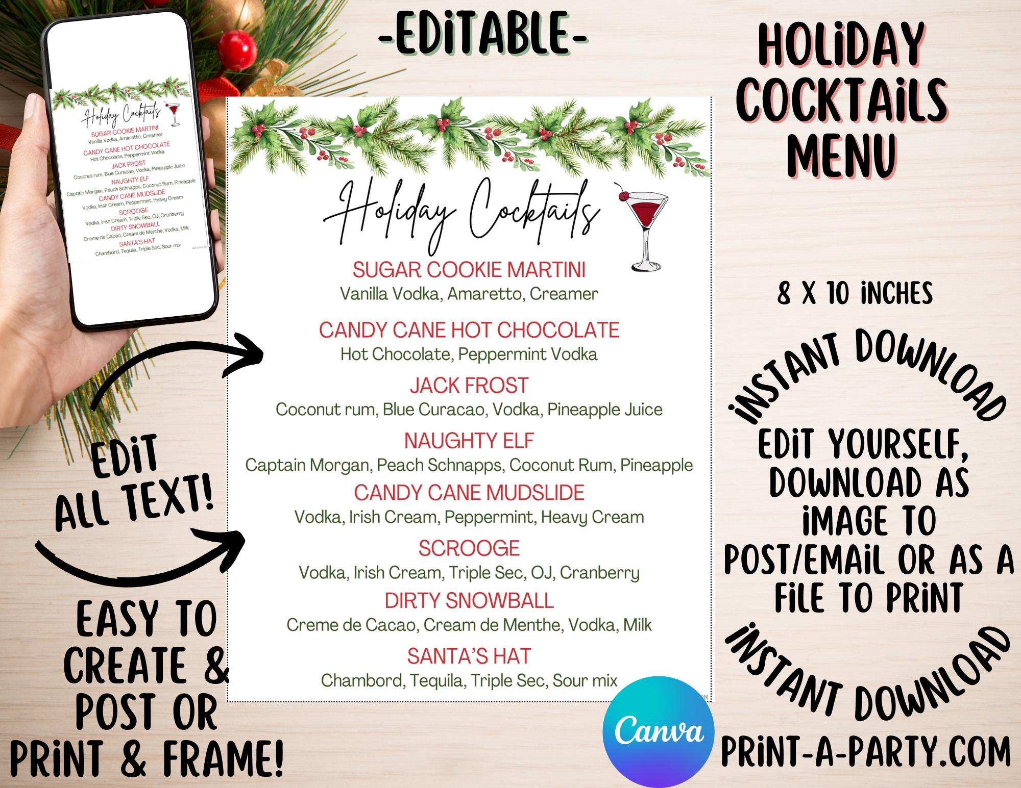 Christmas EDITABLE COCKTAIL MENU: Holiday Cocktail Menu for Party ...