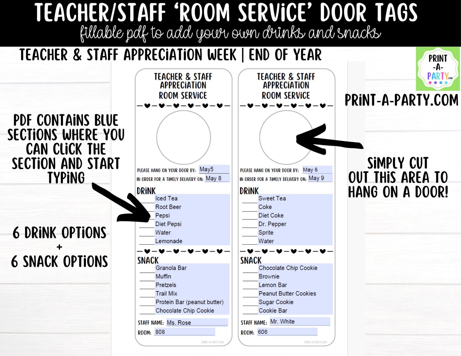 Teacher Staff Appreciation Editable Room Service Door Tags via a ...