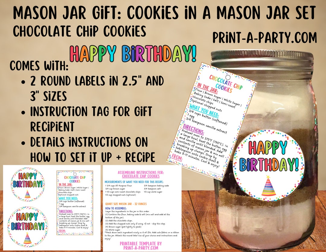 Birthday Mason Jar Cookie Kit – Printable Chocolate Chip Cookie Gift ...