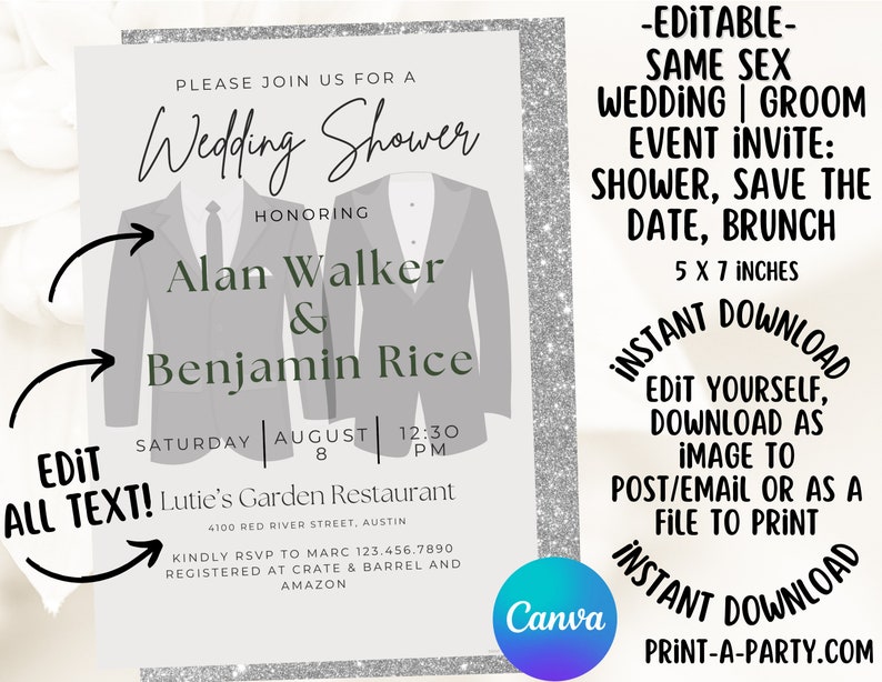 Wedding Event Invitation Template - LGBTQ+ Grooms Shower, Brunch, Save ...