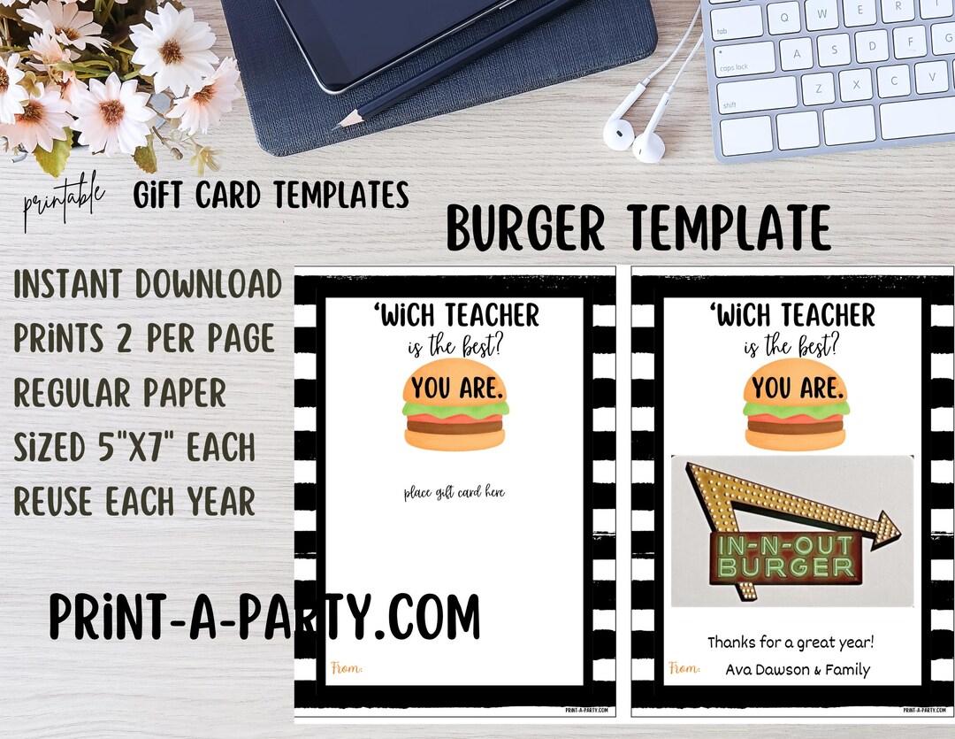 Gift Card Template | BURGER SANDWICH SHOP | Teacher Appreciation Gift ...