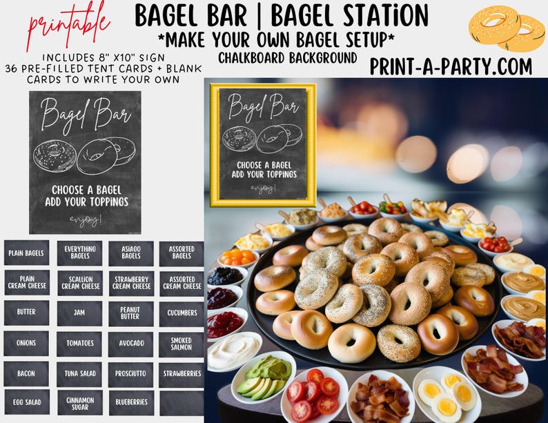 Printable BAGEL BAR Sign and Toppings Labels – Brunch Decor for Bridal ...
