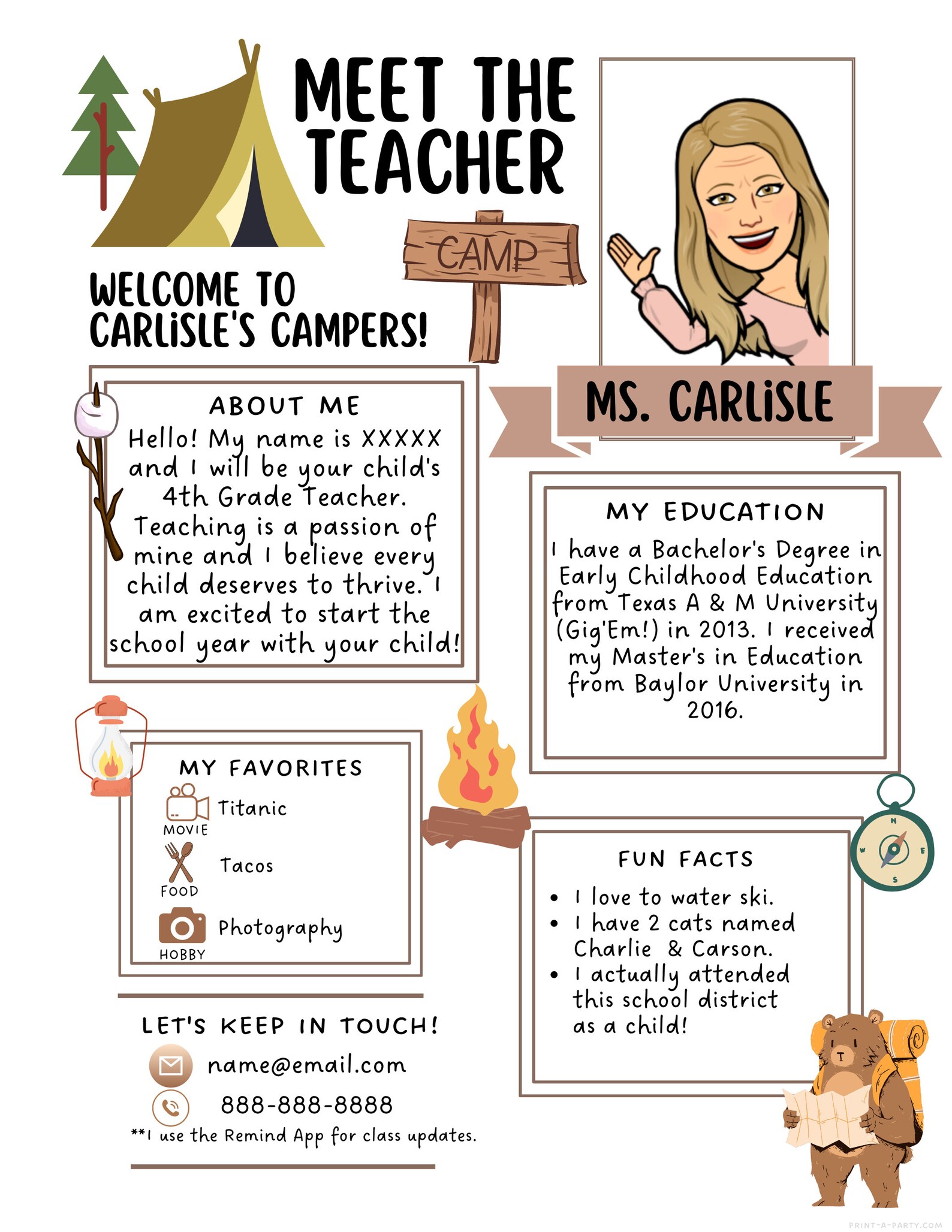 Meet the Teacher Editable Template – CAMPING | CAMPERS Theme Printable ...
