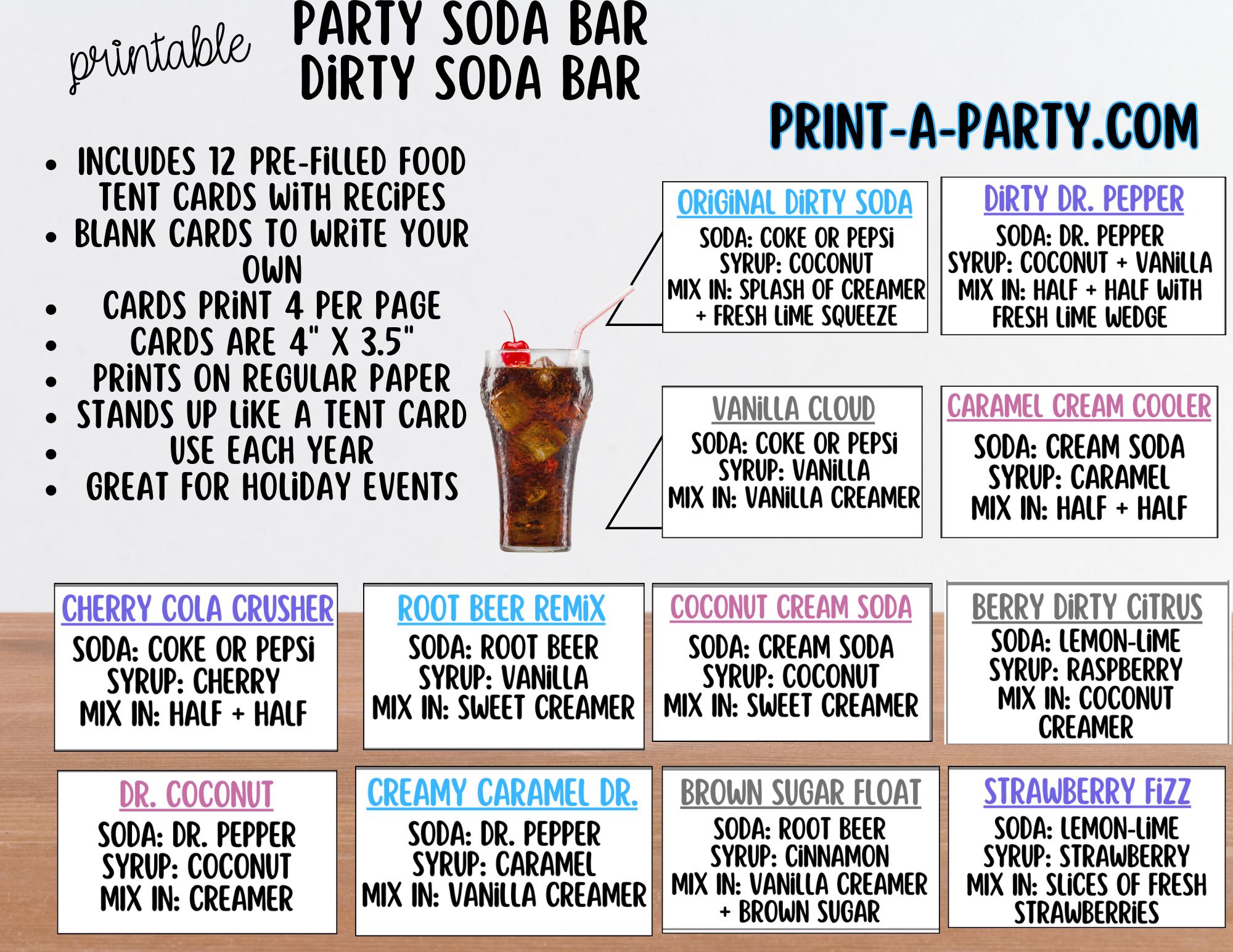 Printable Soda Bar Kit - Dirty Soda Sign & Recipe Tent Cards (12 ...