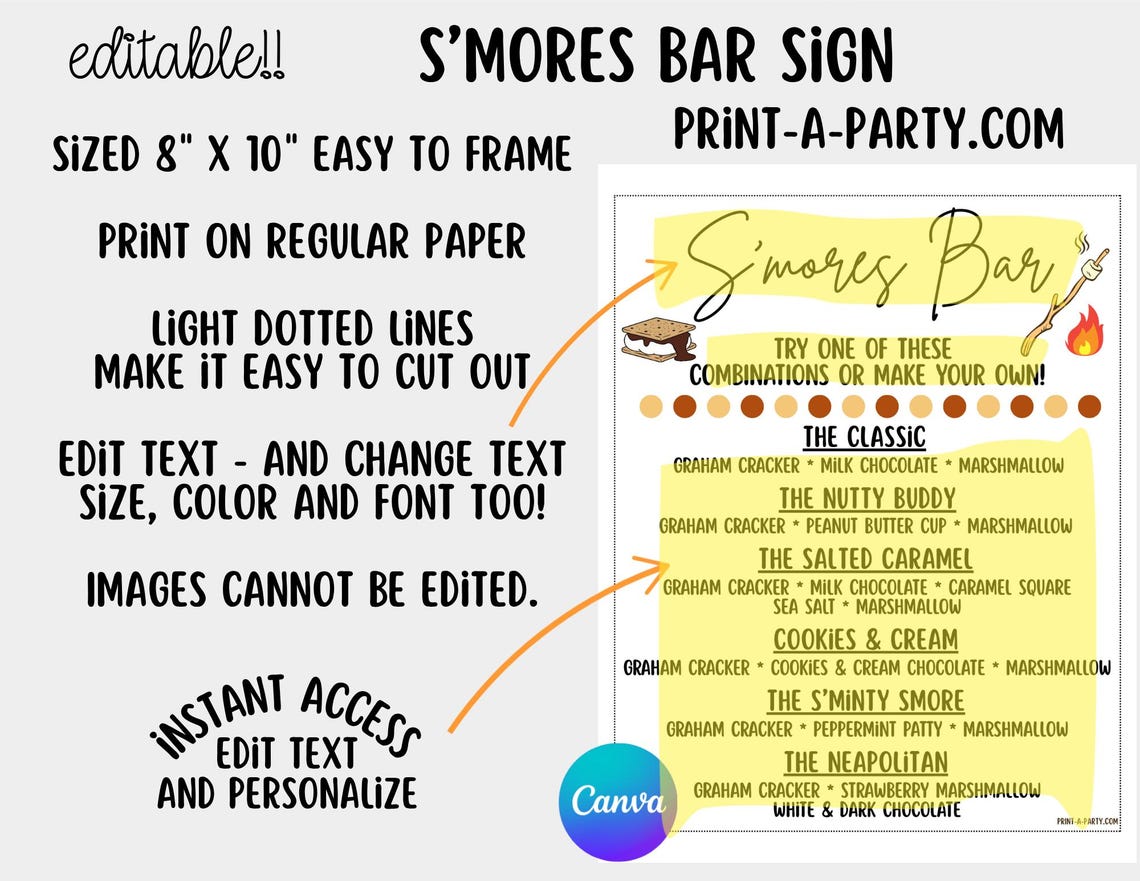 Editable S'mores Bar Sign & Toppings Labels: Printable Party Decor ...