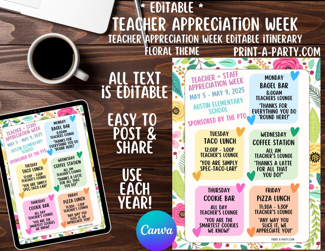 Editable Teacher Appreciation Week Schedule Template (canva) - Floral ...