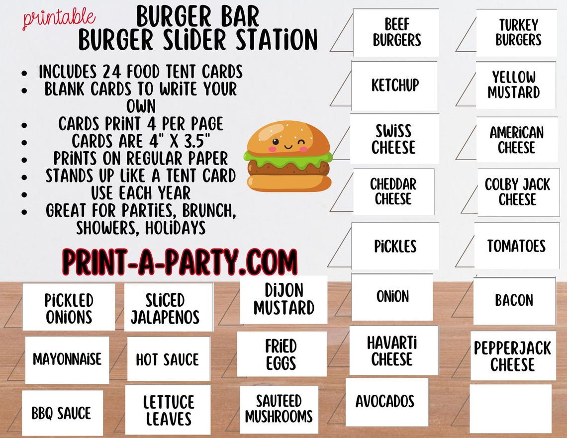 Burger Bar Sign & Toppings Tent Cards | BBQ Party Decor Printable (PDF ...