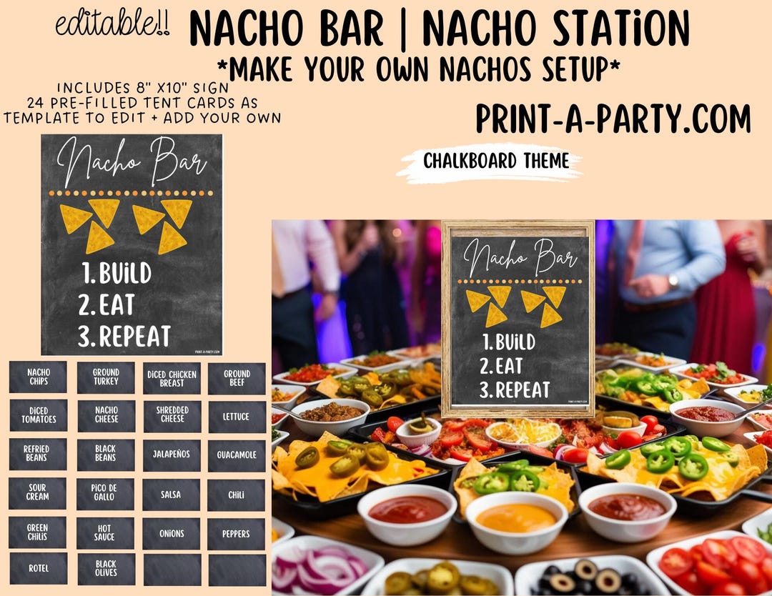 Editable NACHO BAR - Chalkboard Sign and Toppings Labels Template ...