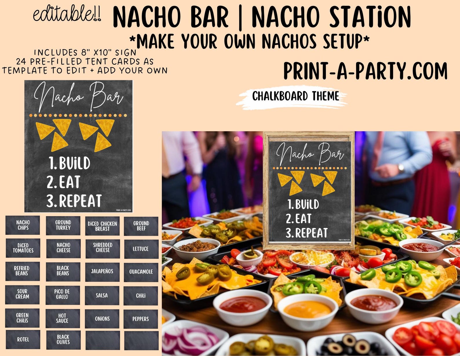 Editable NACHO BAR - Chalkboard Sign and Toppings Labels Template ...