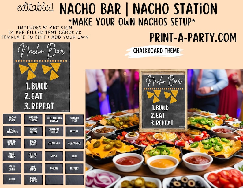 Editable NACHO BAR - Chalkboard Sign and Toppings Labels Template ...