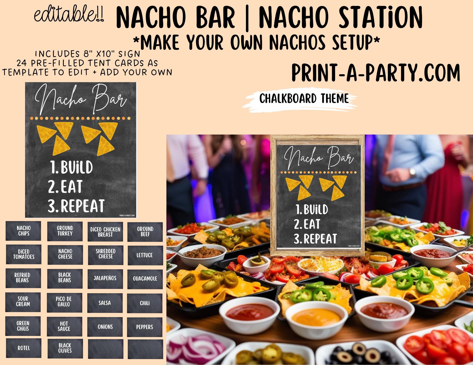 Editable NACHO BAR - Chalkboard Sign and Toppings Labels Template ...