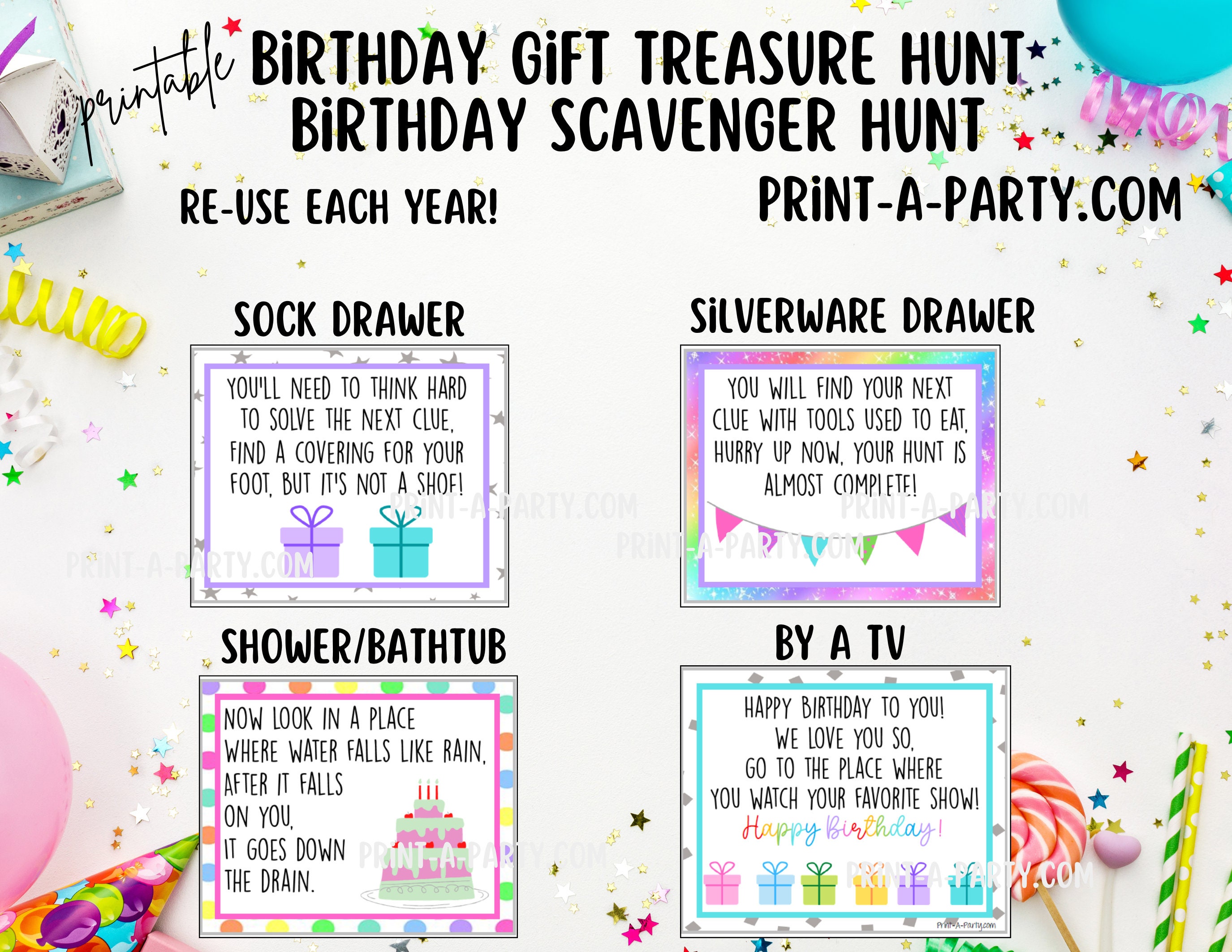 BIRTHDAY TREASURE HUNT Clues | Birthday Gift Scavenger Hunt | Birthday ...