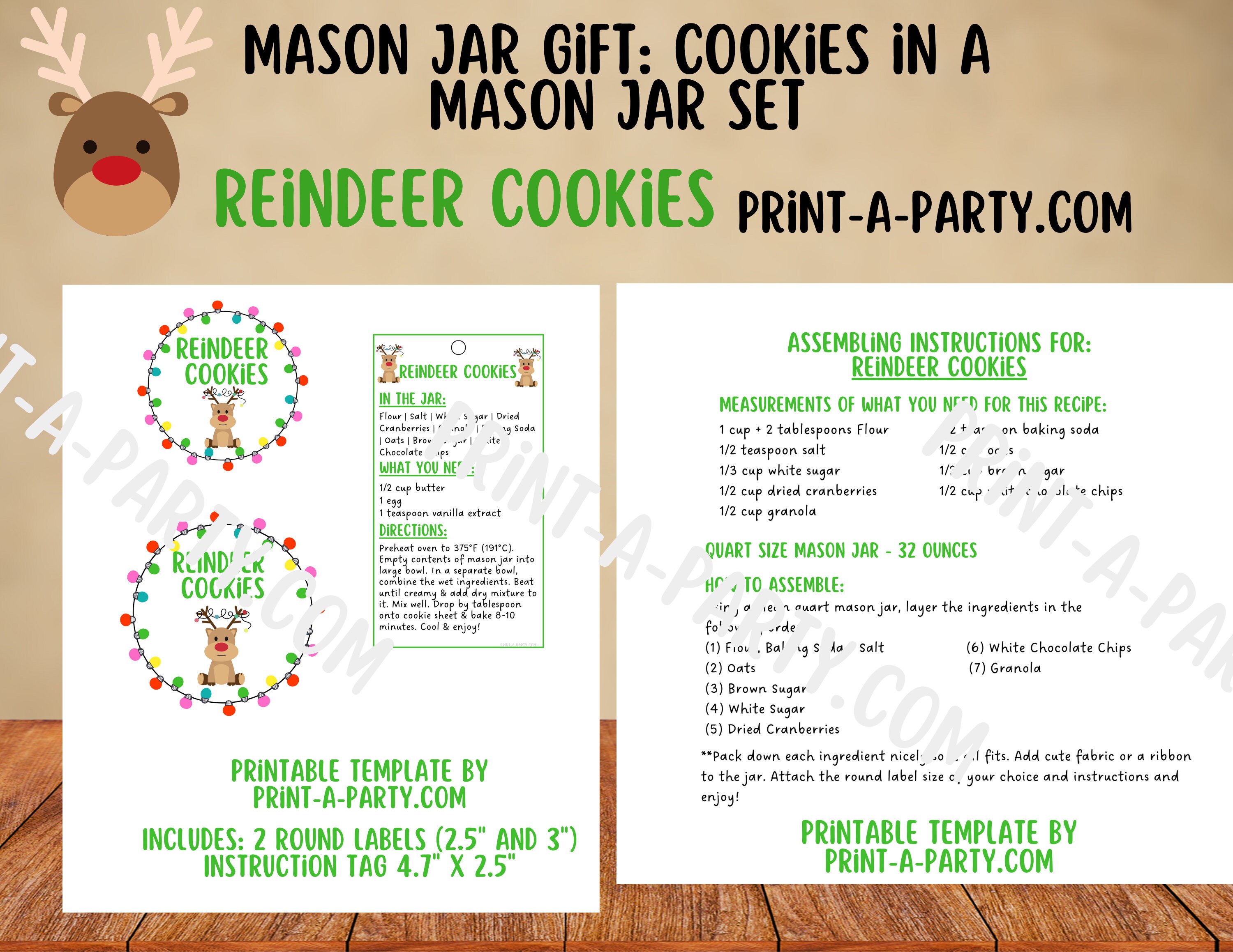 MASON JAR COOKIE Gift: Reindeer Cookies in a Mason Jar Printable Kit ...