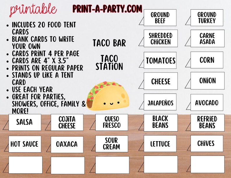 Printable Taco Bar Sign & Tent Cards | Fiesta Party Decor, Buffet (PDF ...