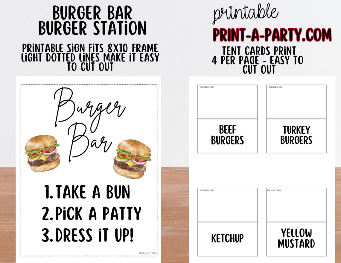 Burger Bar Sign & Toppings Tent Cards | BBQ Party Decor Printable (PDF ...