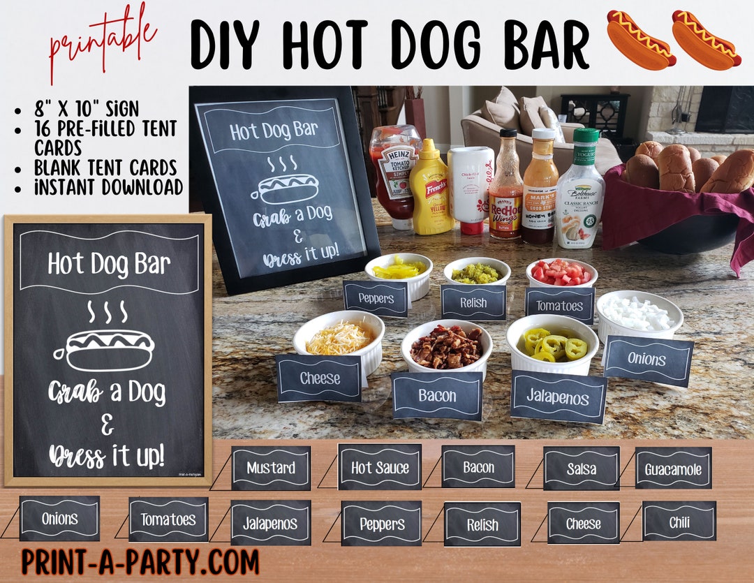 Hot Dog Bar Sign + Toppings Tent Cards Printable Party Decor Buffet ...