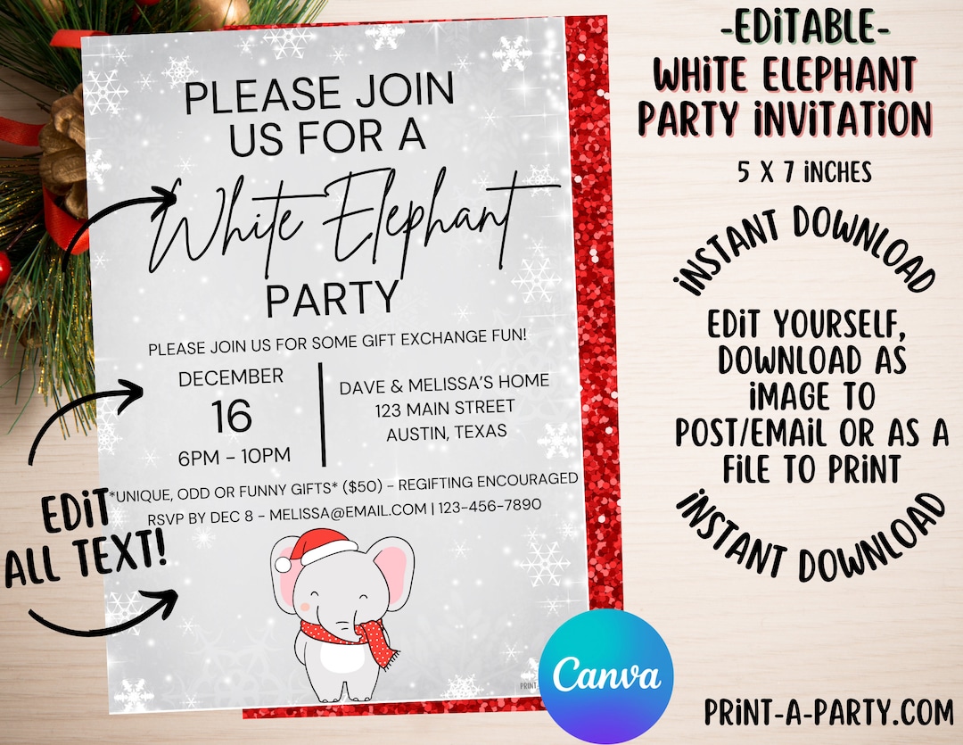 Editable Christmas Party Invitation: WHITE ELEPHANT PARTY Invitation ...