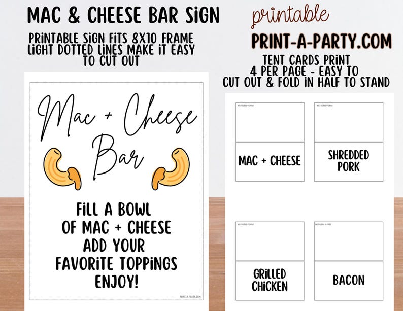 MAC and CHEESE BAR Printable Sign & Food Topping Tent Cards in White ...