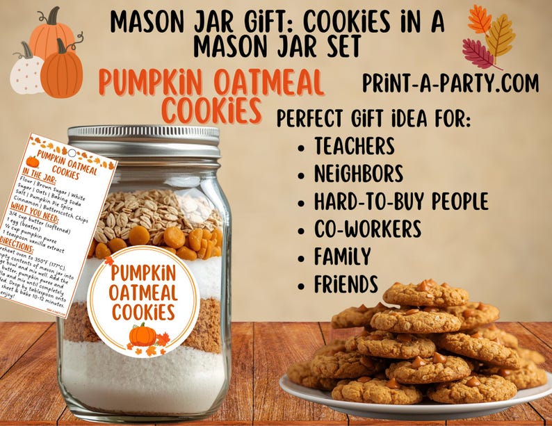 MASON JAR COOKIE Printable Pumpkin Oatmeal Mason Jar Cookie Kit, Autumn ...