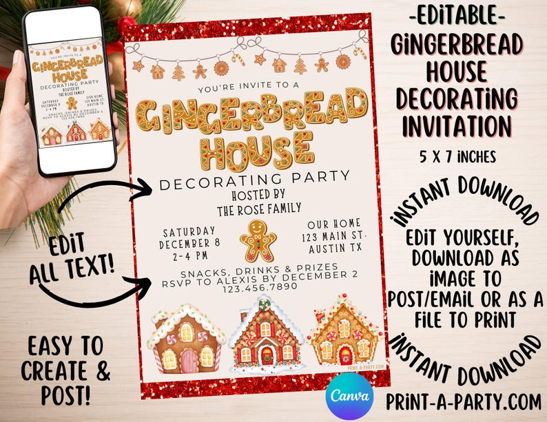 GINGERBREAD HOUSE DECORATING Party Invite - Editable Gingerbread-themed ...