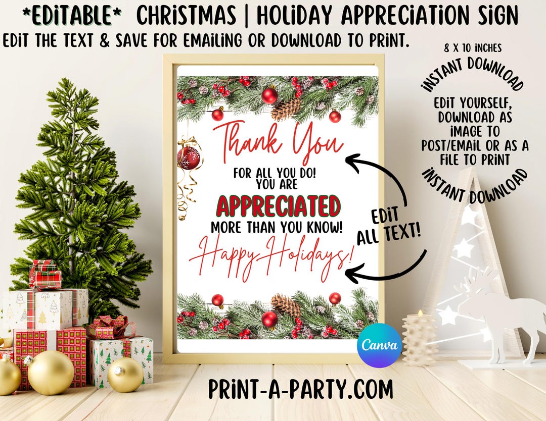 Editable Holiday Appreciation Sign: Printable Staff, Teacher, Volunteer ...