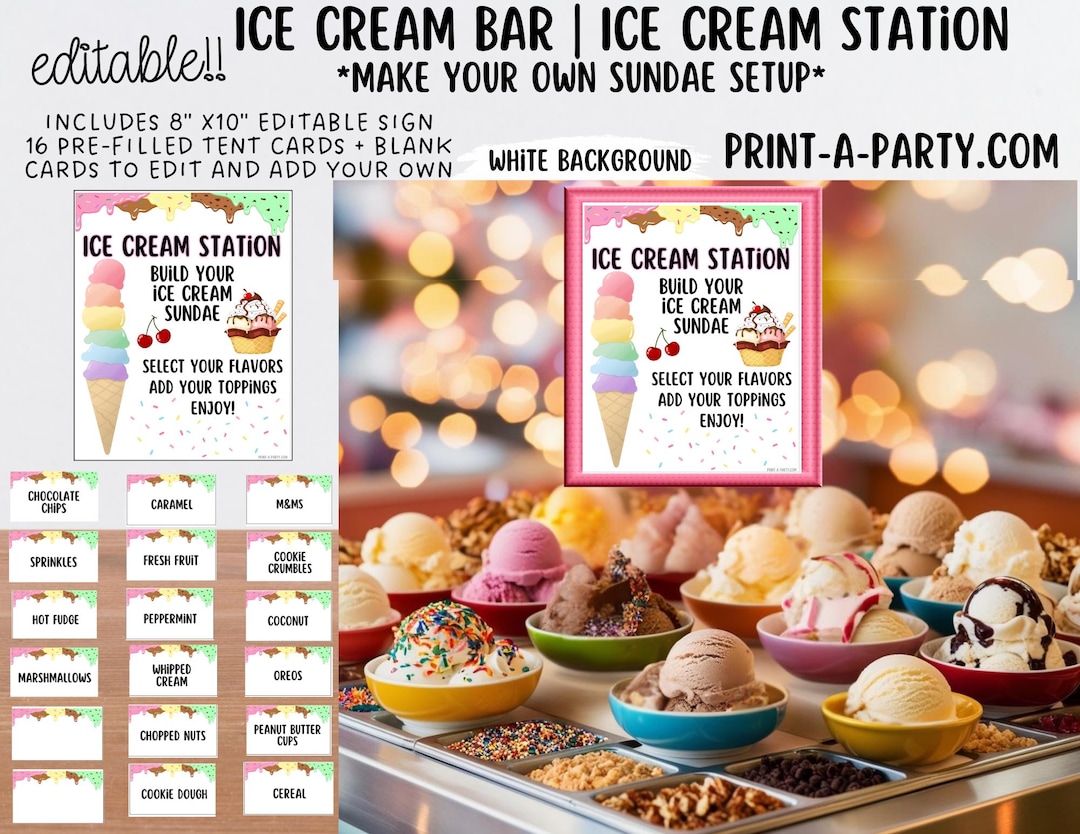 EDITABLE ICE CREAM Bar - Ice Cream Sundae Station - Sign and Toppings ...