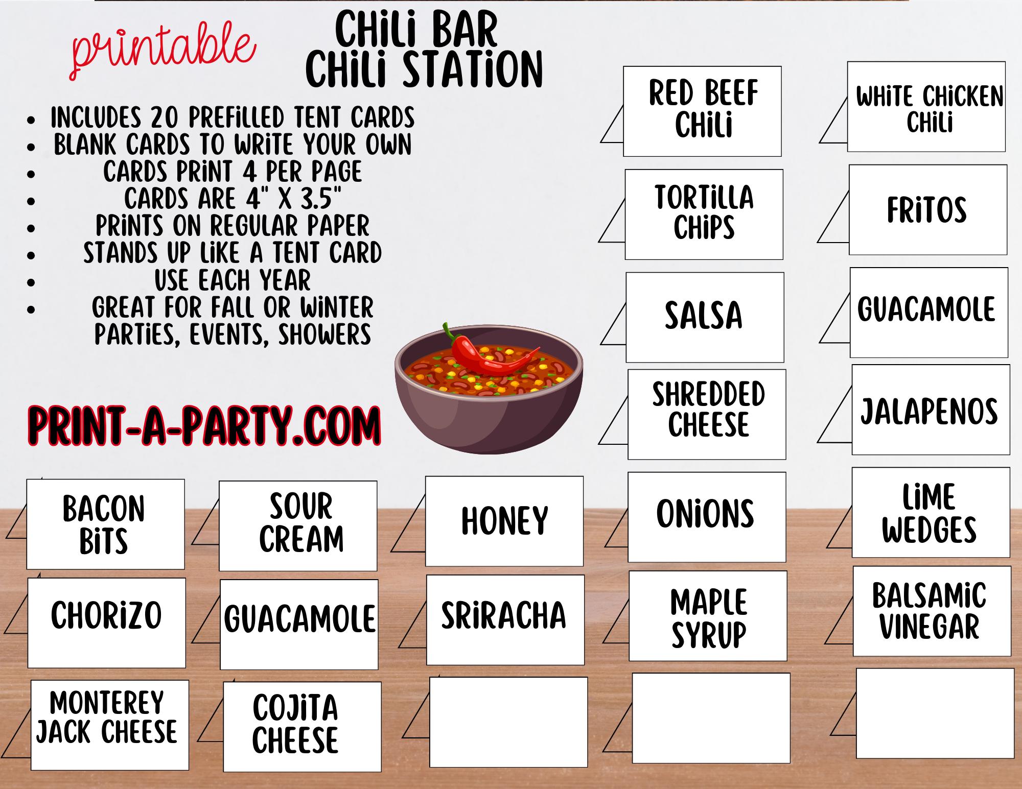 Chili Bar Sign (8x10) & Tent Card Toppings - Food Station, Party Decor ...