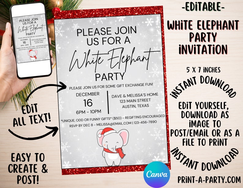 Editable Christmas Party Invitation: WHITE ELEPHANT PARTY Invitation ...