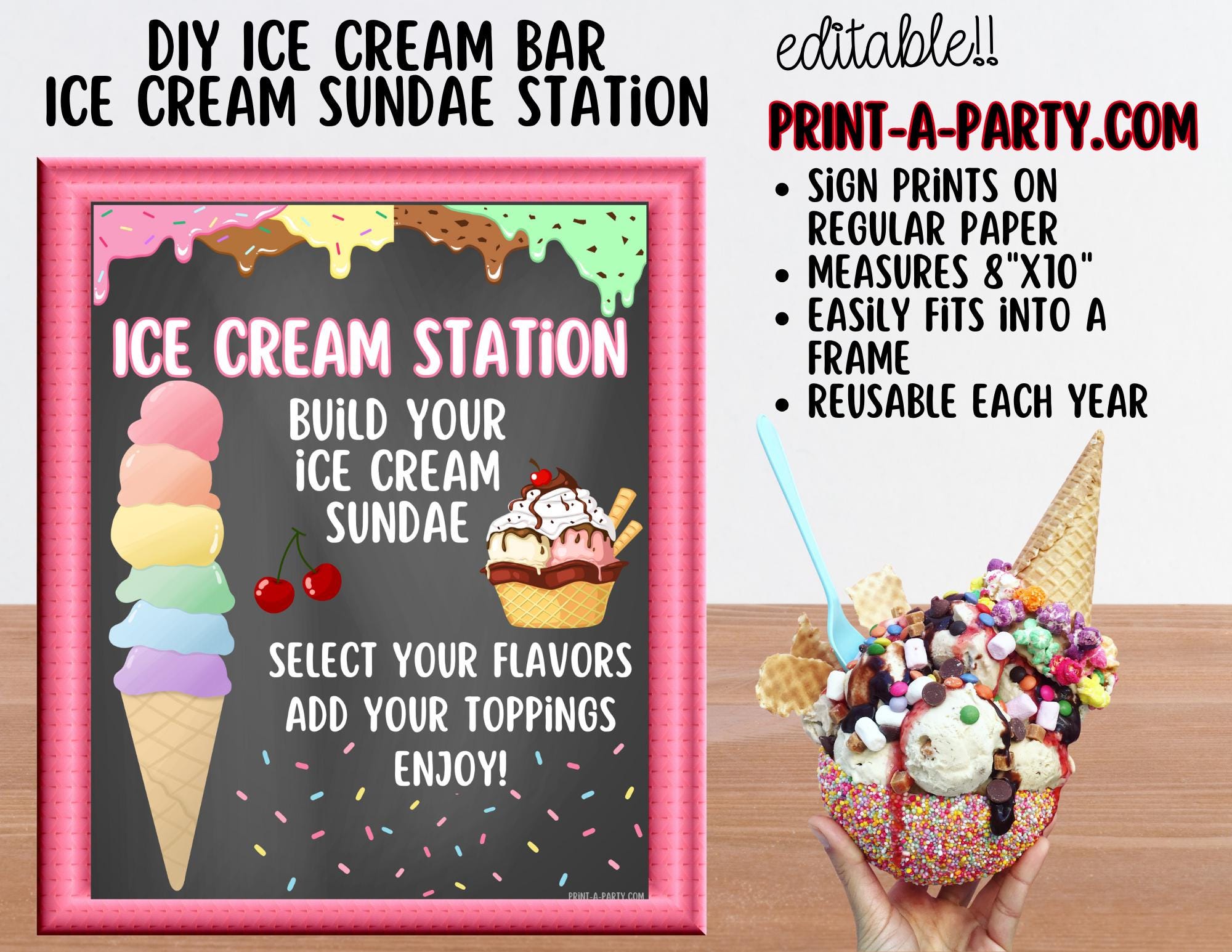 Editable Ice Cream Bar Sign and Toppings Labels: Sundae Station ...